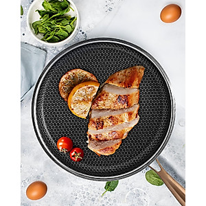 Bakpoco Frying Pans Nonstick, 12 inch Hybrid Non Stick Frying Pan with Lid, Stainless Steel Non Toxic PFOA Free Scratch-resistant Coating Skillets, Dishwasher & Oven Safe Induction Compatible Cookware