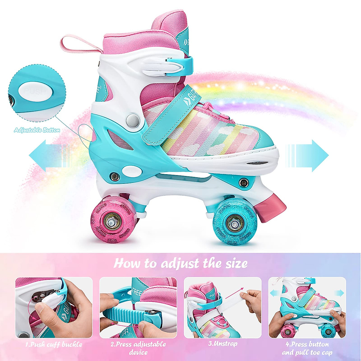 G4Free Kids Roller Skates for Girls, 4 Size Adjustable Roller Skates with Light Up Wheels for Toddlers Children Outdoor Indoor