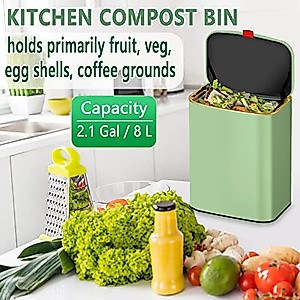 WAYCOM 2.1 Gal Compost Bin Kitchen for Counter Top or Under Sink,Compost Bin Stainless Steel Hanging Compost Bin with Lid for Cupboard/Bathroom/Bedroom/Office,Indoor Compost Bucket