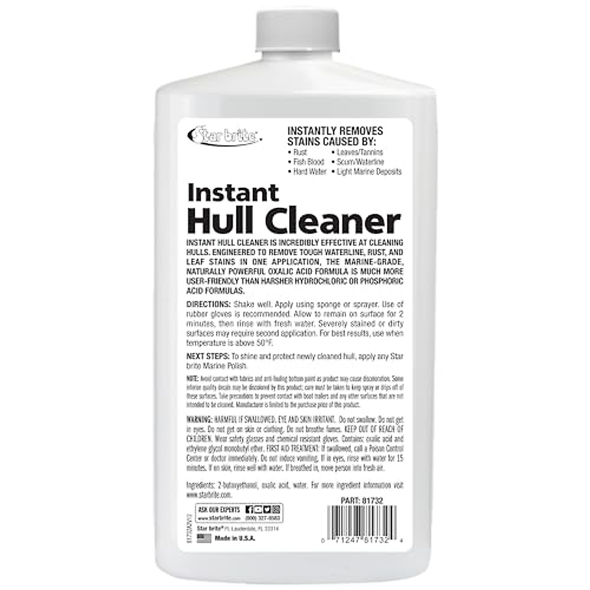 STAR BRITE Instant Hull Cleaner - Easily Remove Stains, Scum Lines & Grime for Boat Hulls, Fiberglass, Plastic & Painted Surfaces - Wipe On, Rinse Off Formula 32 Ounces (081732)