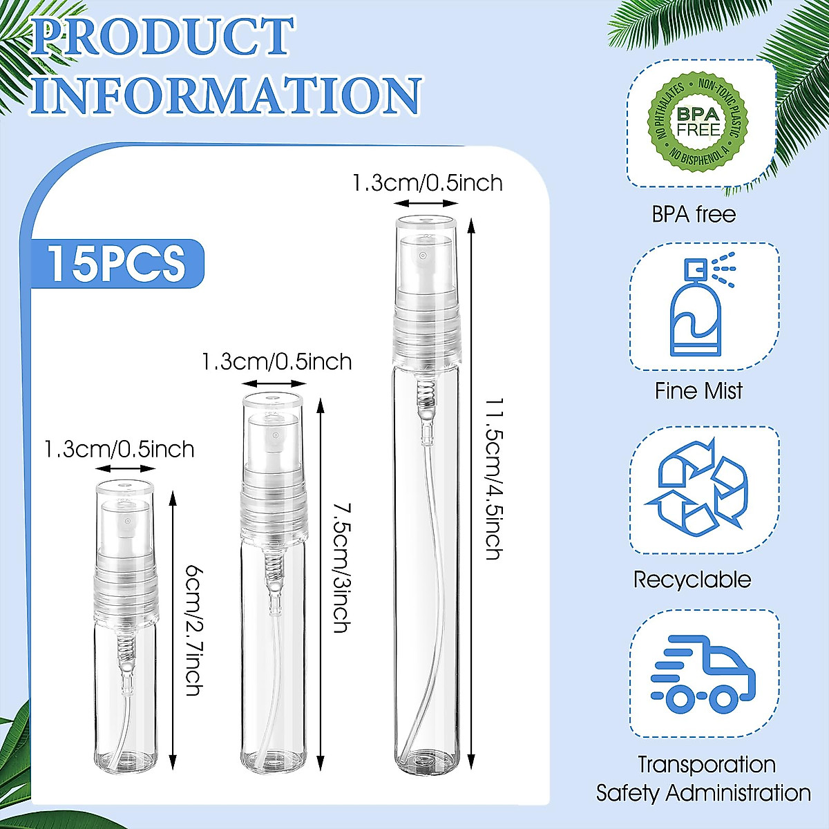 15 Pack Mini Spray Bottle, 3ml/5ml/10ml Fine Mist Plastic Spray Bottles, Refillable Atomizer Bottle for Perfume Small Empty Sample Containers Portable Travel Size Bottle