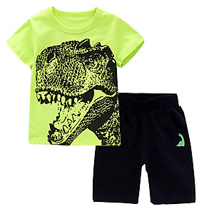 IjnUhb Toddler Boy clothes Cartoon Cotton Summer Short Sleeve T-Shirt and Shorts Kids Outfit Set (Green Dinosaur 4T