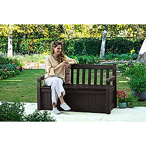 Keter Solana 70 Gallon Storage Bench Deck Box for Patio Furniture, Front Porch Decor and Outdoor Seating – Perfect to Store Garden Tools and Pool Toys, Brown