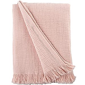 Sticky Toffee Blush Pink Muslin Throw Blanket with Fringe, Oeko-Tex Cotton Muslin Blankets for Adults, Soft Lightweight and Breathable Throw Blankets for Couch Bed or Sofa, 50 in x 60 in