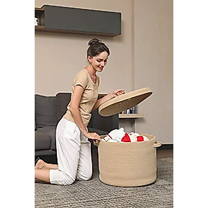 20" x 20" x 15" Extra Large Storage Basket with Lid, Cotton Rope Storage Baskets, Laundry Hamper, Toy Bin, for Toys Blankets Pillows Storage in Living Room Baby Nursery, Basket with Cover, All Beige