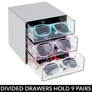 mDesign Stackable Plastic Eye Glass Storage Organizer Box Holder for Sunglasses, Reading Glasses, Lens Cleaning Cloths, and Accessories - 3 Divided Drawers, Chrome Pulls - Gray/Clear