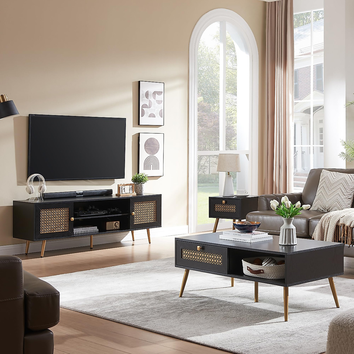 JYED DECOR Mid Century Modern TV Stand for 65 inch TV, Entertainment Center with Storage, Metal Mesh Decorated Cabinet Doors for Living Room, Black