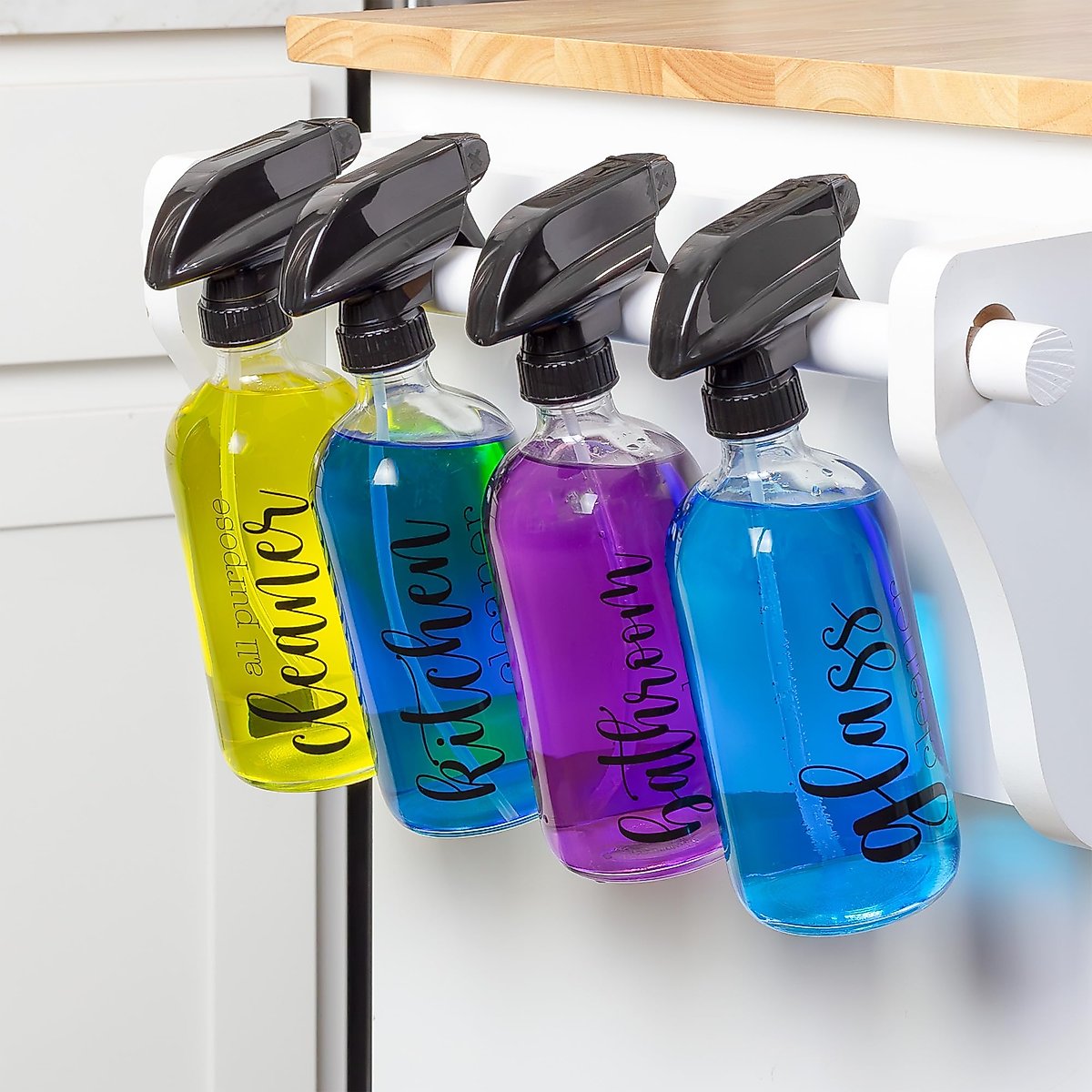 Cornucopia Brands Cleaning Spray Bottles Set, Glass (Set of 4, 16-Ounce); Refillable Trigger Sprayers w/Mist/Stream Settings and Farmhouse Script