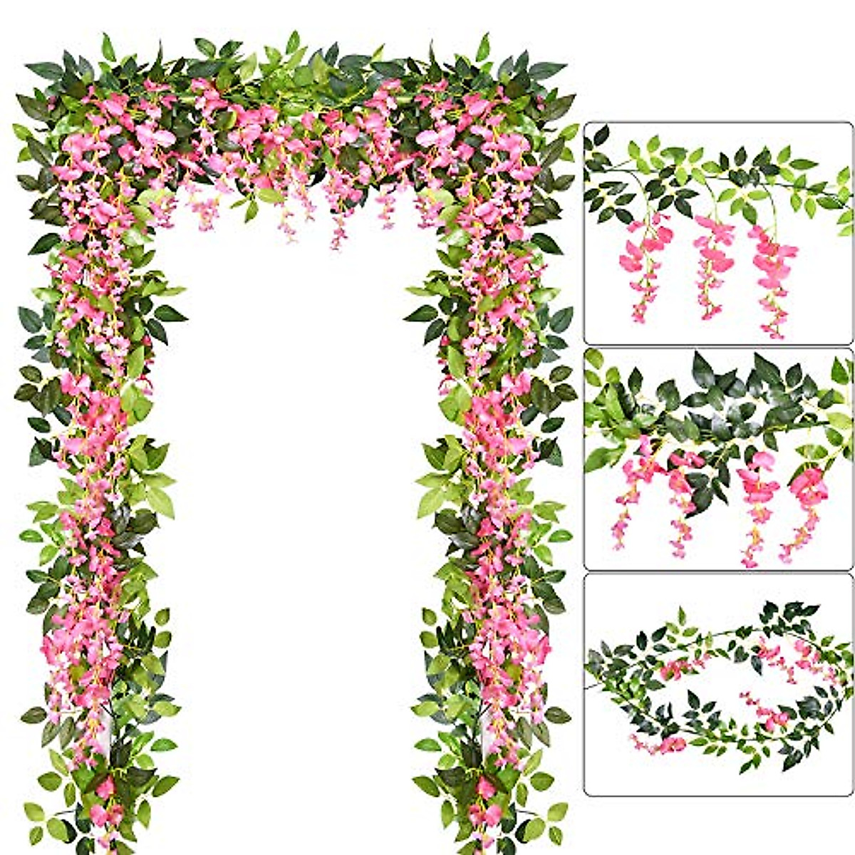 Artflower 4 Pcs Artificial Flowers Wisteria Garland Silk Wisteria Vine Rattan Hanging Flower Greenery Garland with Ivy Leaves for Home Garden Outdoor Wedding Arch Floral Decor, 6.6 Feet (Pink)