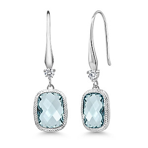 Gem Stone King 925 Sterling Silver Simulated Aquamarine Earrings | 4.60 Cttw | 13X9MM Cushion Checkerboard Cut | Drop Dangle Earrings for Women