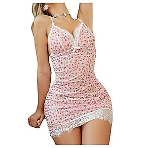SOLY HUX Sexy Lingerie Set for Women Valentine's Day Gift Babydoll Lingerie Dress Nightgown 2 Piece Lace Pajamas Pink Floral S