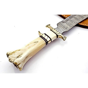 HandSmith™ 15" Handmade Damascus Steel Hunting Knife, Hand Forged Damascus Steel Fixed Blade Bowie Knife, Genuine Leather Sheath, Camel Bone Handle Firm Grip (White)