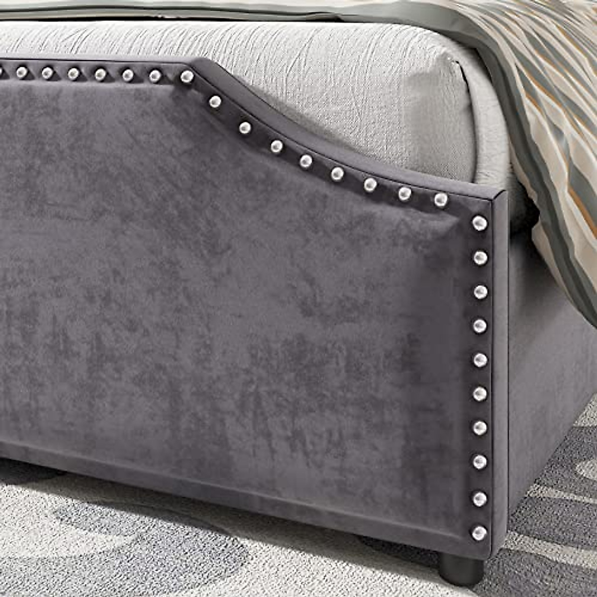 AMERLIFE Queen Size Bed Frame with 4 Storage Drawers and Headboard, Queen Velvet Upholstered Platform Bed with Rivet Curved Adjustable Headboard/Strong Wooden Slats/Easy Assembly/Grey