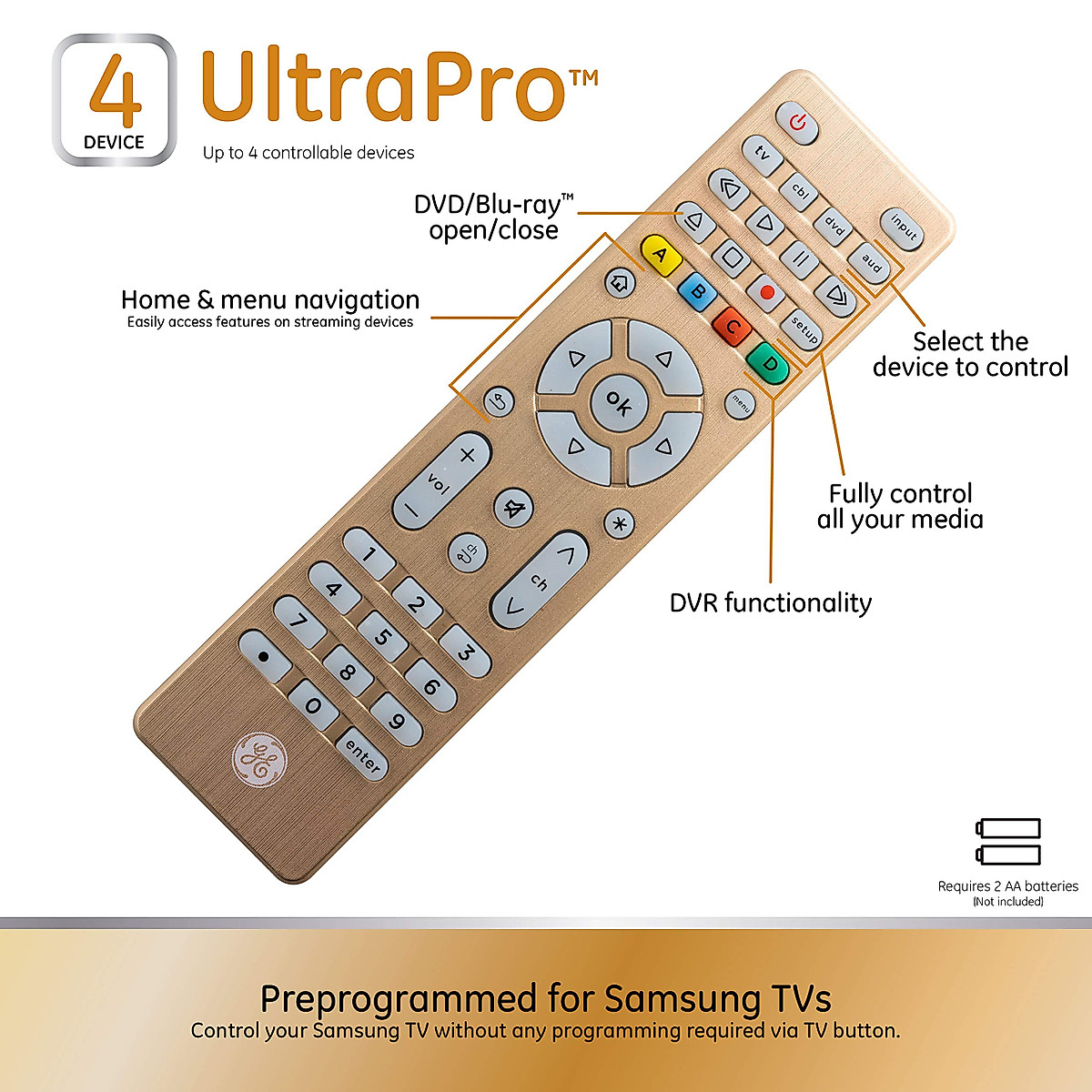 GE Universal Remote Control, Samsung TV Remote, Universal TV Remote for Roku TV, Vizio, LG, Sony, Sharp, Roku, Apple TV, TCL, Panasonic, Smart TVs, Streaming Players, Blu-ray, DVD, 4-Device, Gold