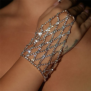 Xerling Iced Out Rhinestones Bracelets Finger Ring Women's Hand Harness Bridal Hand Chains Bracelets for Girls Gold Hand Accessories (Gold)