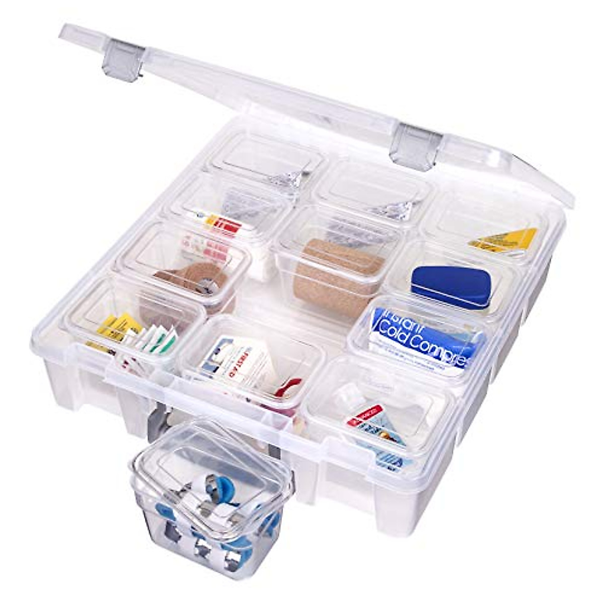 AB Designs 6965ABD Super Satchel with 9 Small Bins Inside, Stackable Home Storage Organization Container, Clear with Sliver Latches and Handle