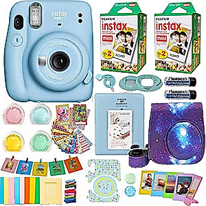 Fujifilm Instax Mini 11 Camera + Fuji Instant Instax Film (40 Sheets) & Includes Case + Assorted Frames + Photo Album + 4 Color Filters and More Bundle (Sky Blue)