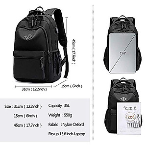Large Black Waterproof Oxford Rucksack Business College Travel Laptop Backpacks with USB Charging Port Casual Daypack