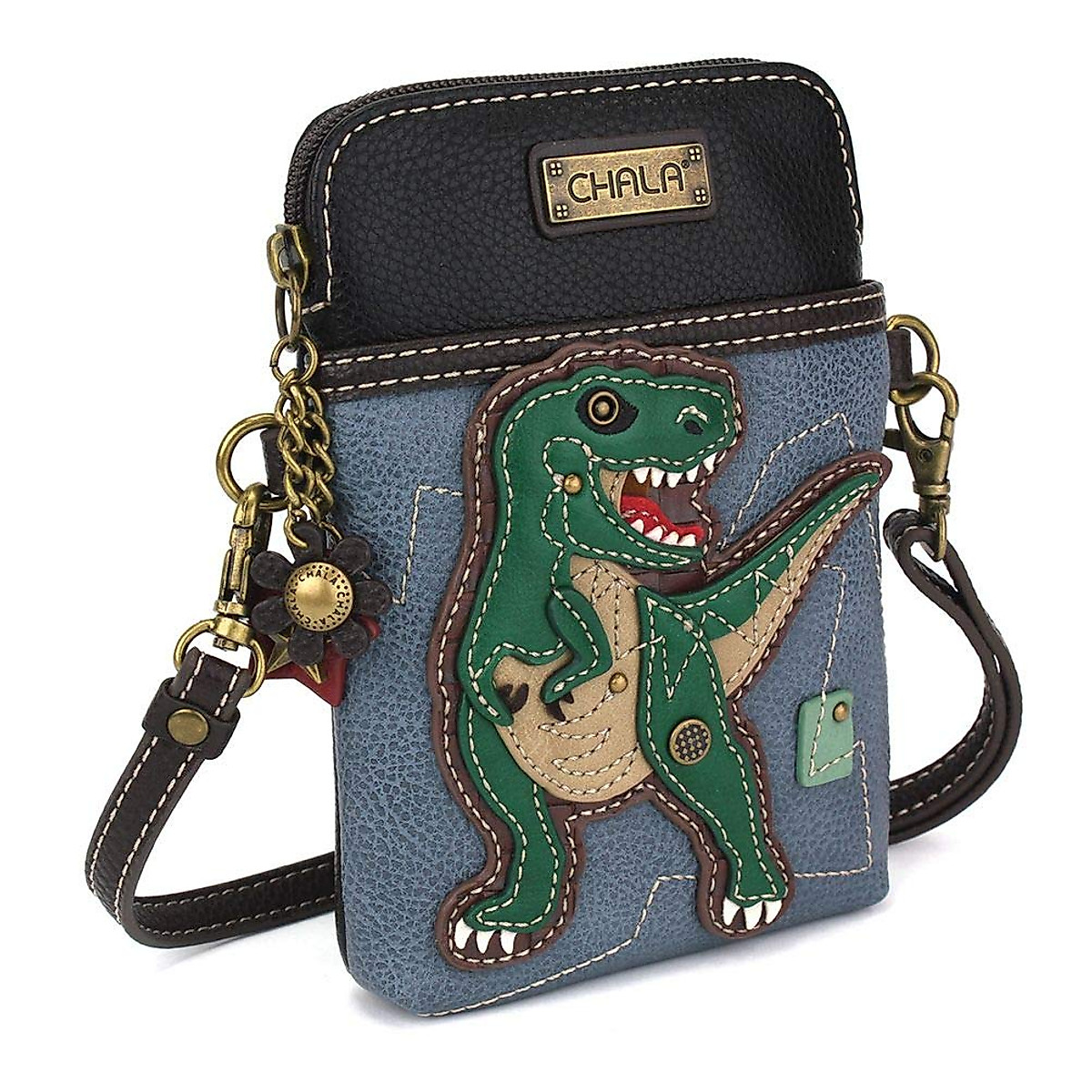 Chala Handbags T-Rex Cellphone Crossbody Handbag - Convertible Strap Blue 5" x 7.5" x 1"