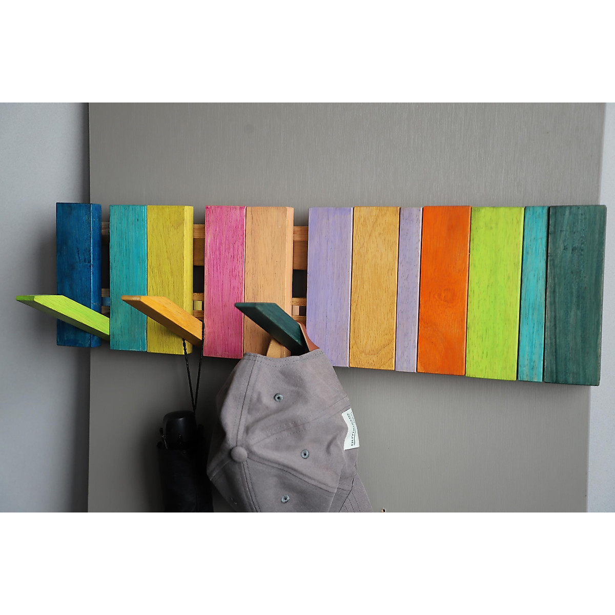 GOGREEBELL Natural Wood Wall Mounted Piano Coat Rack| Coat Rack Wall Mount| Flip Down Wall Hook Rack 5 Hooks| Heavy Duty Towel Rack with 5 Hooks to Hang Hat,Bag, Backpack(Multi Color Graffiti Dyeing)