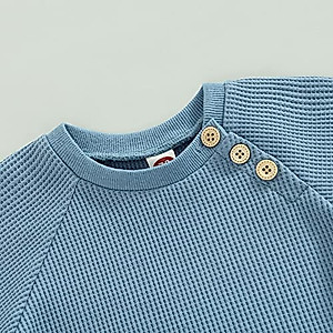 Toddler Baby Boy Girl Clothes Summer Waffle Knit Short Sleeve Buttons T-Shirt Elastic Waist Shorts Set 0-3T Outfits (Blue Waffle Knit, 18-24 Months)