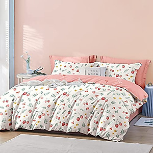 SAPHREAS Sweet Strawberry Pink White Duvet Cover Set Queen Size Cotton 3 Piece Girls Bedding Comforter 1 Duvet Cover 2 Pillow Shams