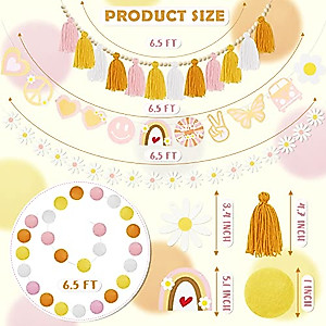 Groovy Party Decoration Garland 5Pcs, Groovy Hippie Banner Daisy Boho Tassel Garland Decor, Pre Strung Pom Pom Spring Party Supplies Hippie Party Decorations for Wall Window Home Room (Pink)