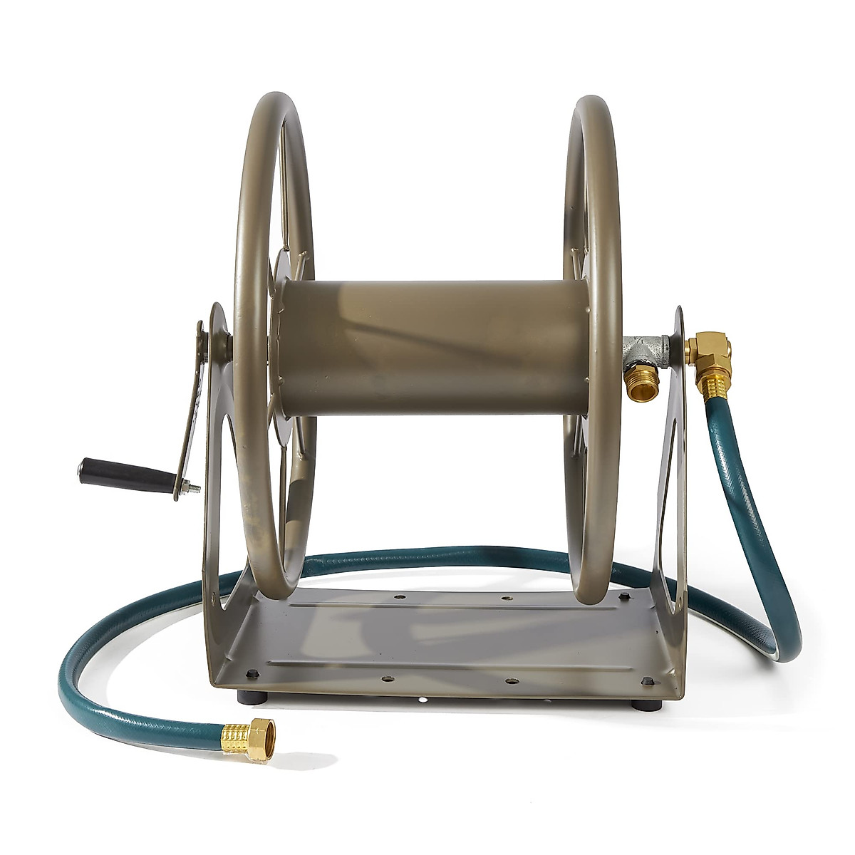 Liberty Garden Multi Purpose Steel Garden Hose Storage Reel for Backyard, Garden, or Home, with 5 Foot Leader Hose and Hose Connections, Bronze