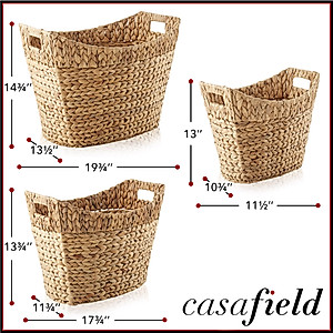 Casafield Set of 3 Stackable Oval Laundry Baskets with Handles - Natural, Woven Water Hyacinth Storage Totes for Throw Blankets, Bathroom, Bedroom, Living Room