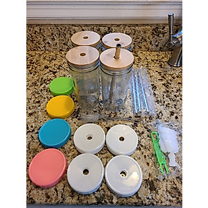 [ 4 Pack ] Glass Cups Set - 24oz Mason Jar with Straw Reusable Wide Mouth Bubble Smoothie Bobo Iced Coffee Cup w 12 Airtight Lids Brush,Tumbler Drinking Bottle for Pearl Tea, Juice