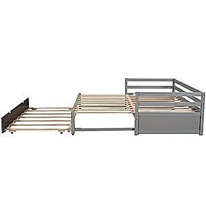 Classic Solid Wooden Daybed with Pop Up Trundle Twin to King Extendable Sofa Bed for Living Room Bedroom Guest Room Space Saving, Gray