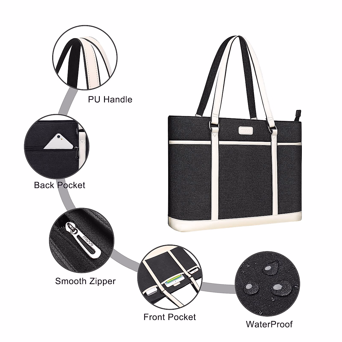 MOSISO Laptop Tote Bag, 15.6 inch Laptop Bag for Women Men, 16 inch Business Office Work Travel Shoulder Computer Bag with Front 3 Hidden Pockets & PU Bottom & Earphone Hole, Black