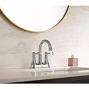 TimeArrow Chrome 4 Inch Two Handle Centerset Bathroom Sink Faucet 3 Holes with Pop up Drain, High Arc Modern Bathroom Vanity Lavatory Faucet with Brass 360° Swivel Spout, TAF067Y-CP