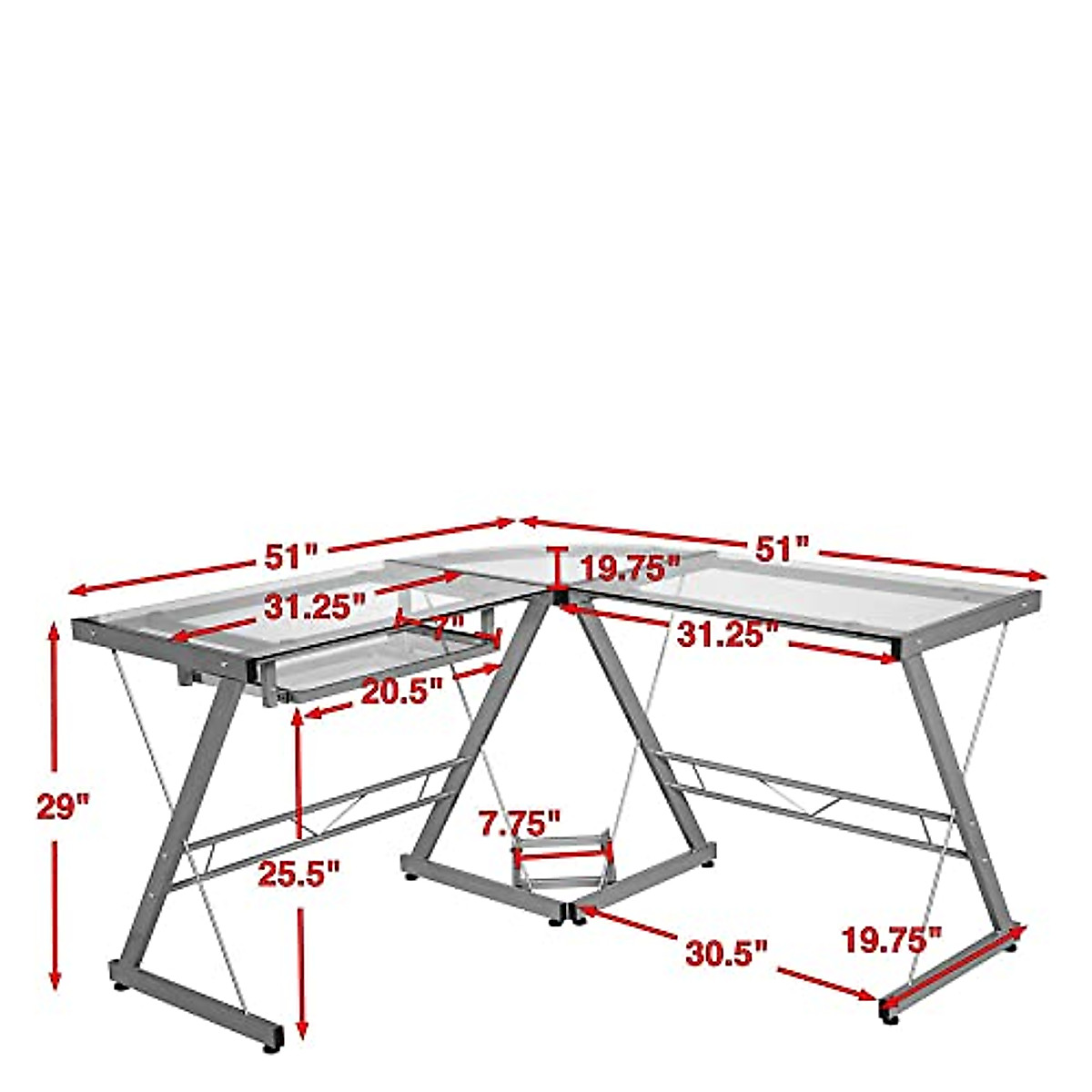 OneSpace Ultramodern Glass L-Shape Desk, Silver and Clear