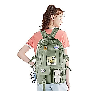 AoMoon Kawaii Backpack Lovely Pastel Rucksack for Teen Girls Aesthetic Student Bookbags with Kawaii Pin and Cute Accessories (Green-C)