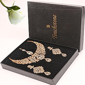 Touchstone NEW Indian Bollywood Charming Look Fine Filigree Sparkling Rhinestones Designer Jewelry Necklace Set In Gold Tone For Women.