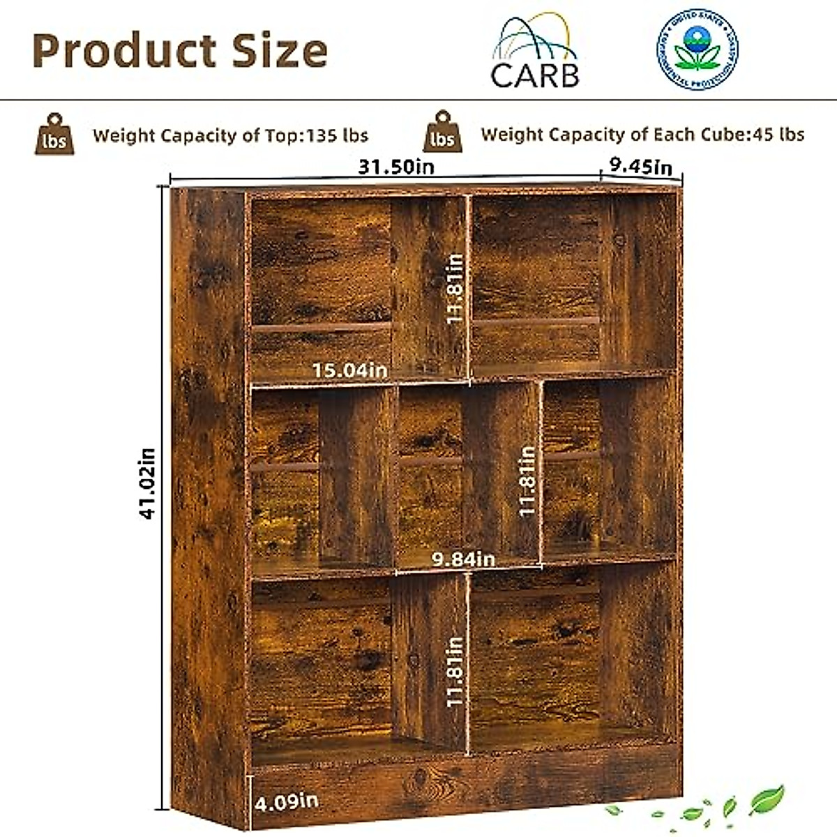 LEYAOYAO 7 Cube Bookshelf with Base,3 Tier Mid-Century Modern Brown Bookcase,Standing Wide Bookshelves Storage Organizer Shelf,Rustic Wood Display Cabinet Book Shelves for Bedroom,Living Room,Office