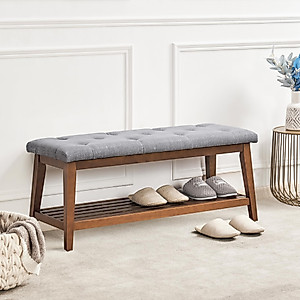 kinmars Upholstered Bench for Bedroom End of Bed,42.5-inch Entryway Bench for Living Room,Dining Bench with Padded Seat and Solid Wood Leg for Kitchen Bedroom,Indoor and Hallway (Shoe Bench, Grey)