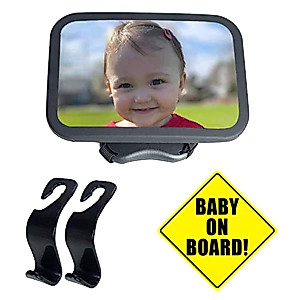 Adjustable baby mirror for rear facing infant. Bonus items included are: (2) car seat headrest hooks and Baby on Board sign.