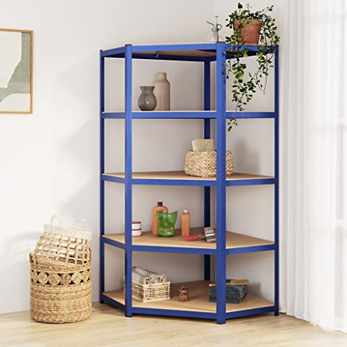 vidaXL Industrial Style Corner Shelf - 5-Layer Storage Unit - Blue Engineered Wood and Galvanized Steel Construction - Fits Any Corner