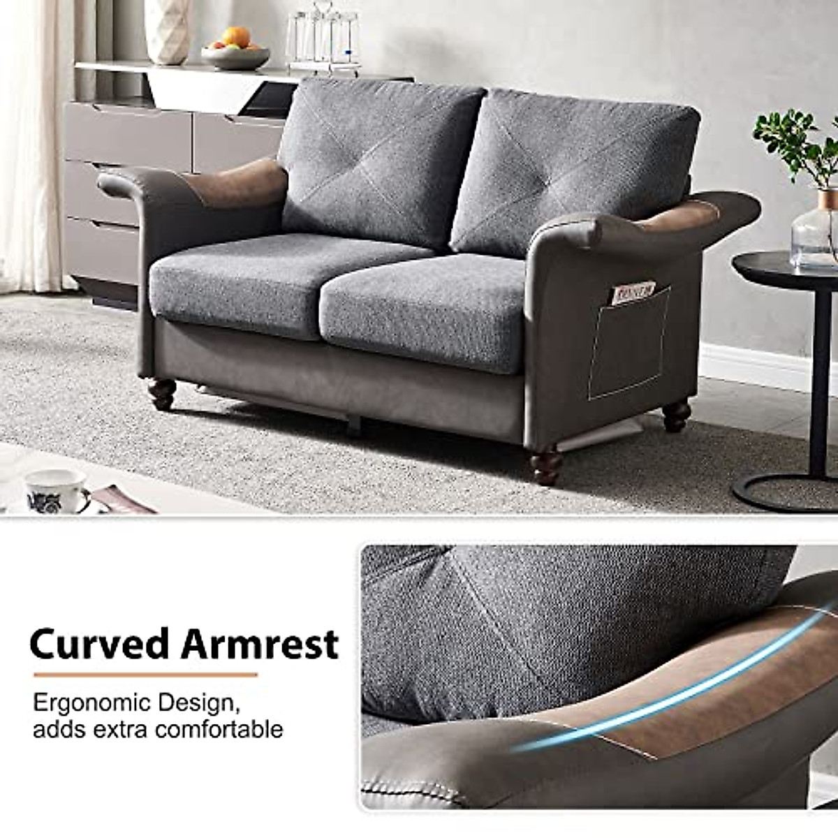 CALABASH Linen Fabric Leather 2 Seater Sofa Couch for Bedroom, 61" Modern Upholstered Tufted loveseat Sofa with Curved Armrest & Removable Storage Boxes for Living Room Office(Dark Grey)