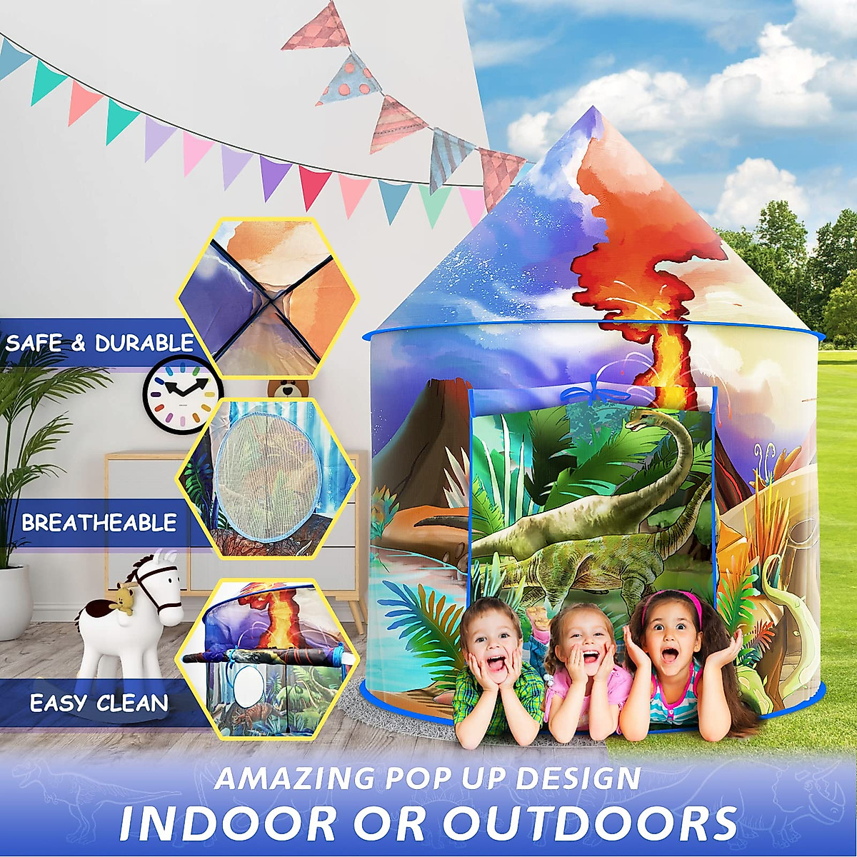 Dinosaur Play Tent for Kids - Pop Up Adventure Tent for Indoor and Outdoor Play