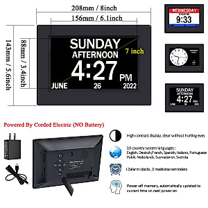AINFTIME Clock with Day and Date for Elderly-3 Colors Display Digital Calendar Alarm Clock Dementia Alzheimers Clock with Extra Large Display (7in Black)