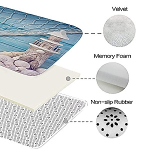 Kntiline Nautical Bathroom Rugs and Lighthouse Conch Shell Fishing Net Mats Sets 3 Piece, Velvet Memory Foam Ocean Blue Planks Bath Mat, Large Small and U-Shaped Contour Shower Mat Non-Slip Washable