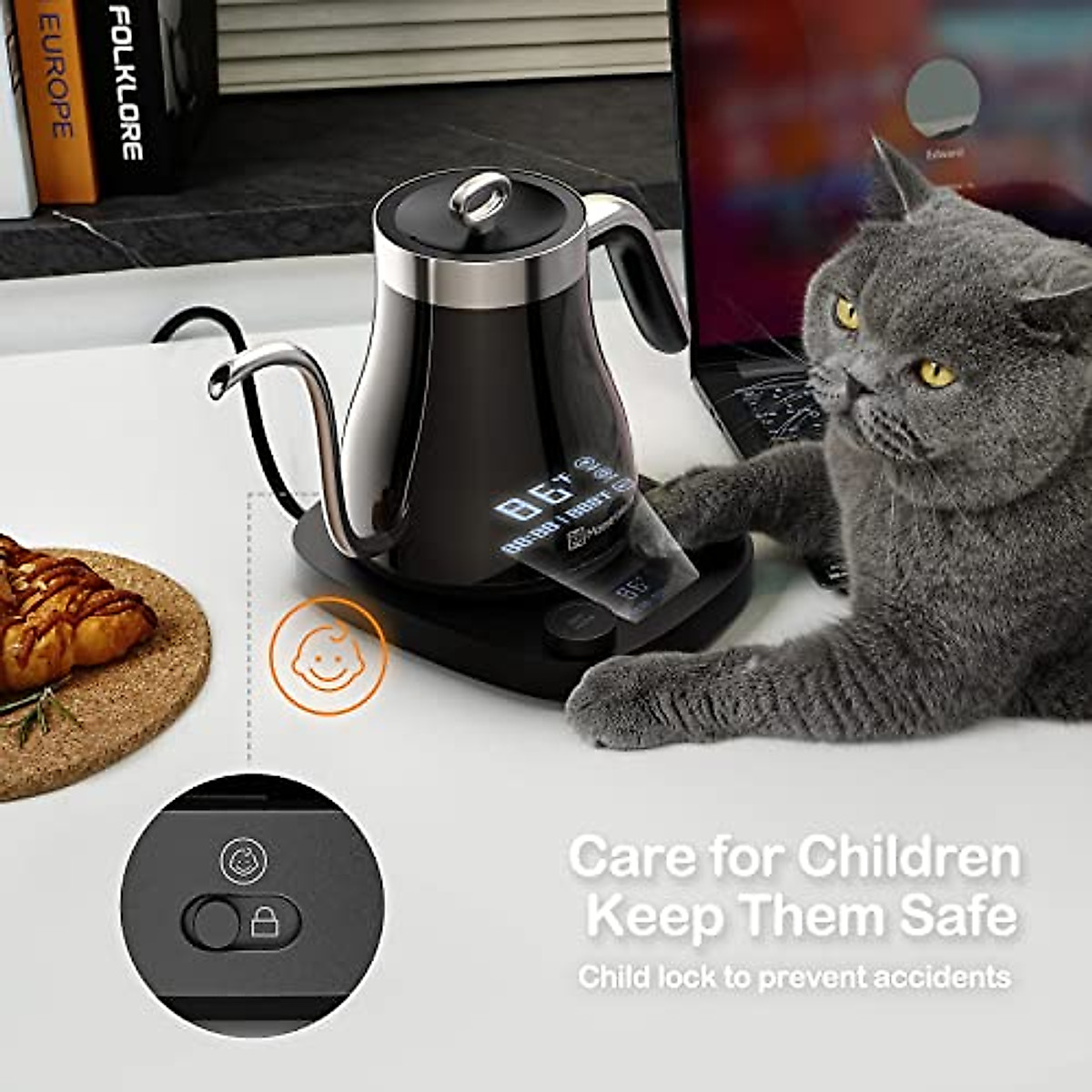 Maestri House 8-In-1 Gooseneck Electric Kettle with ±1°F Temperature Control, 90° Steady Water Flow, 1200W Quick Heating, Keep Warm, LCD Display, Child Lock, Timer, Strix Thermostat 0.95L (Black)