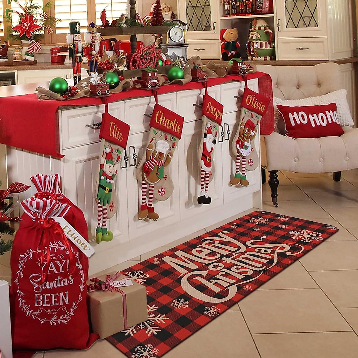 Yinhua Christmas Kitchen Rugs and Mats, Non Skid Red and Black Plaid Washable Kitchen Mats for Floor, Santa Claus Absorbent Kitchen Mats for Kitchen Floor Xmas Decor Gift 17x30 and 17x47 Inch