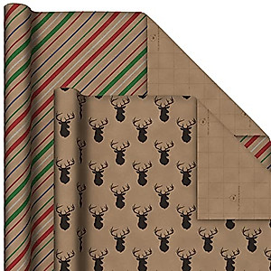 Hallmark Recyclable Christmas Wrapping Paper for Kids with Cut Lines on Reverse (4 Rolls: 88 sq. ft. ttl) Kraft Brown with Christmas Lights, Deer, Snowflakes, Red, Green, Blue Stripes