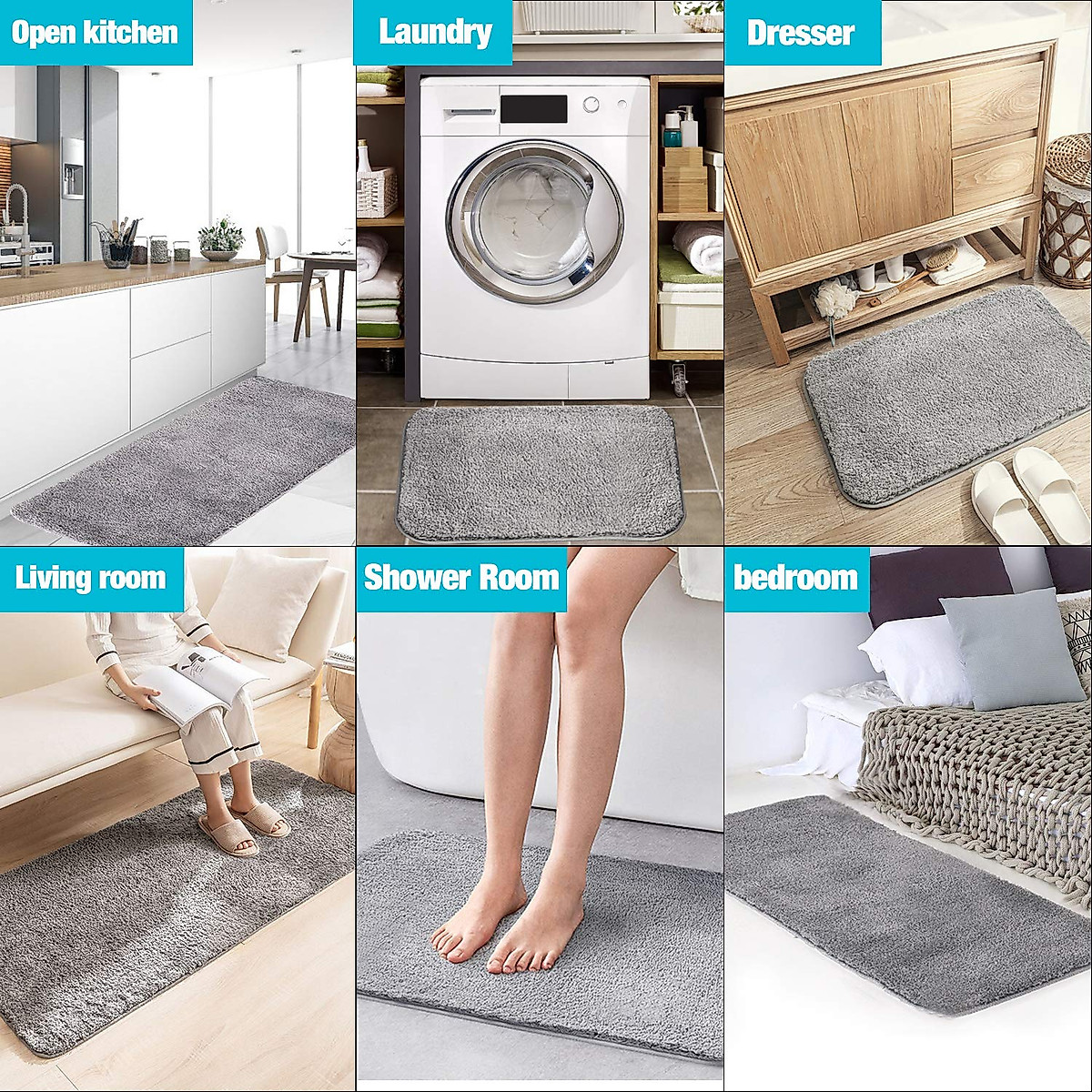 Kitchen Rugs, Anti-Slip Kitchen Rugs and Mats, 2 Pcs Kitchen Mats for Floor, Washable Rug for Kitchen, 17"x48"+17"x24", Grey