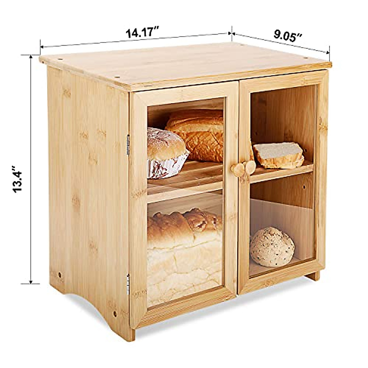 Leopard Bamboo Bread Box for Kitchen Countertop, 2 Layers Bread Boxes with Clear Window for Kitchen Food Storage, Large Bread Storage Bin with Cutting Board - Natural Bamboo