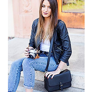 Meliaebag Mirrorless Camera Purse for Women, Stylish Genuine Leather Camera Bag Crossbody Shoulder Messenger Case for Travel, Fits Canon Nikon Sony Olympus mirrorless or Digital SLR Camera (Black)